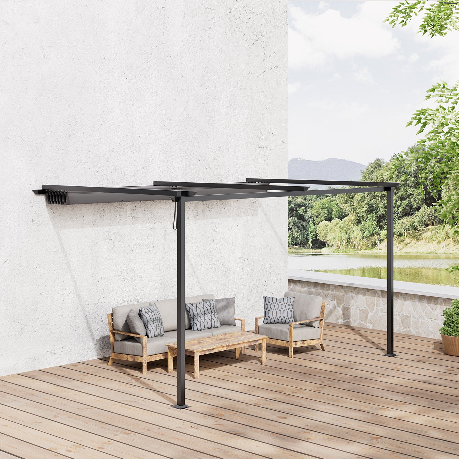 10 x 10FT Outdoor Lean To Retractable Pergola with Canopy – sorangLtd